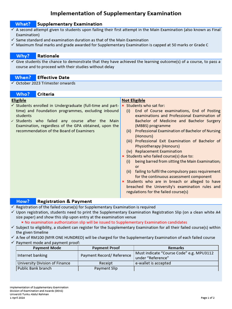 UTAR Supplementary Exam Guidelines | PDF | Bachelor's Degree