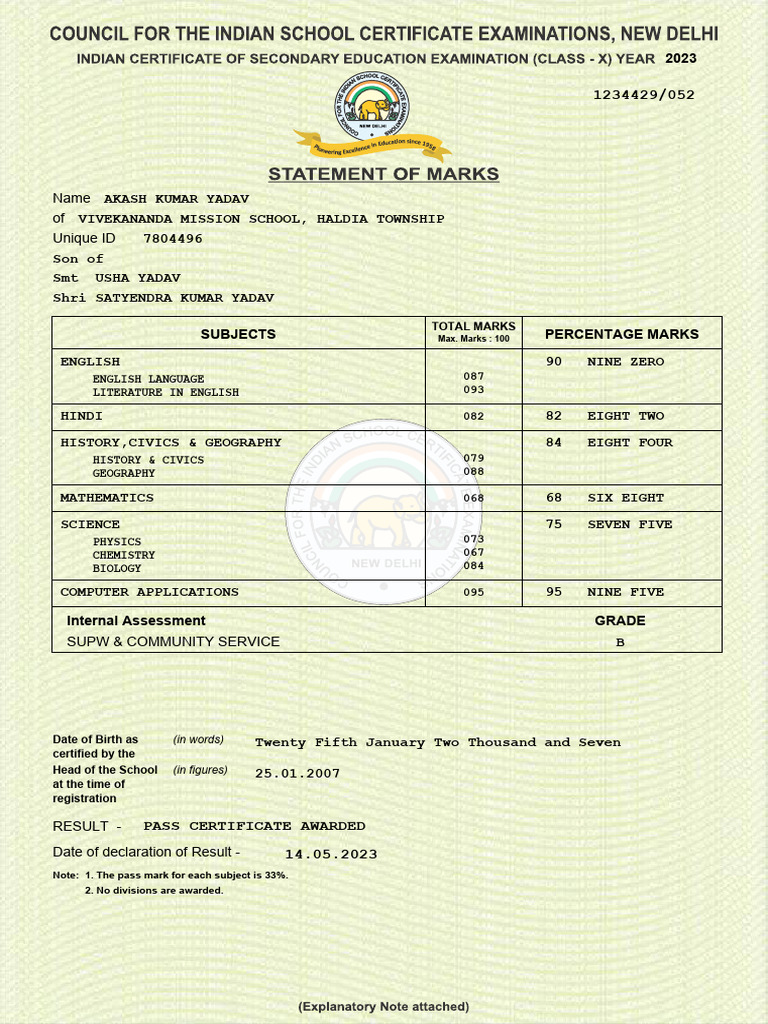 Class X Marksheet - Compressed-Compressed | PDF