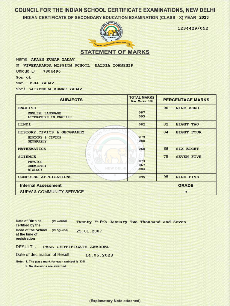 Class X Marksheet Compressed Pdf