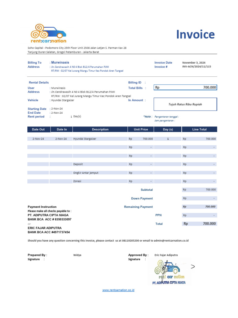 Rental Invoice for Hyundai Stargaizer | PDF