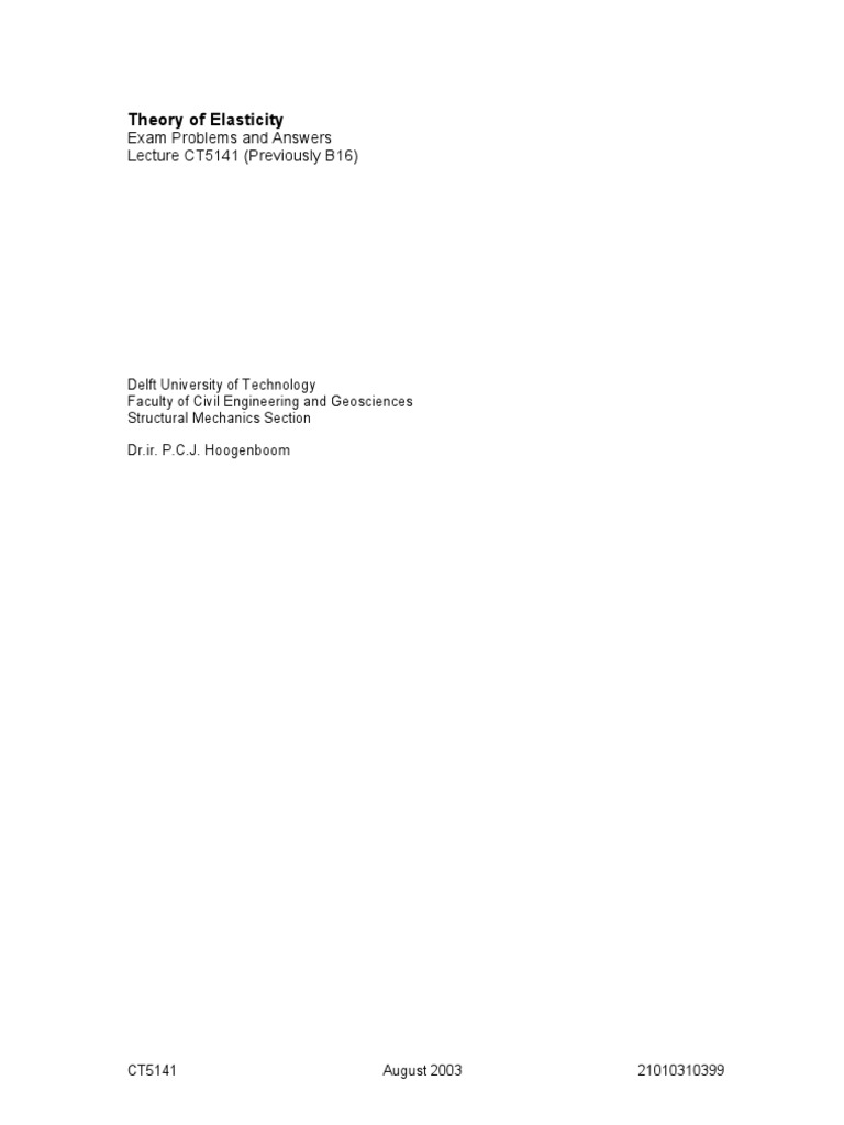 Theory Of Elasticity Exam Problems And Answers Pdf Bending Young