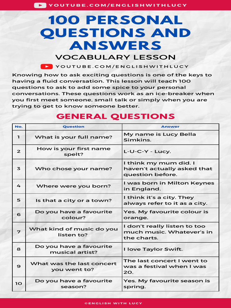 100 Personal Questions and Answers | PDF | Foods