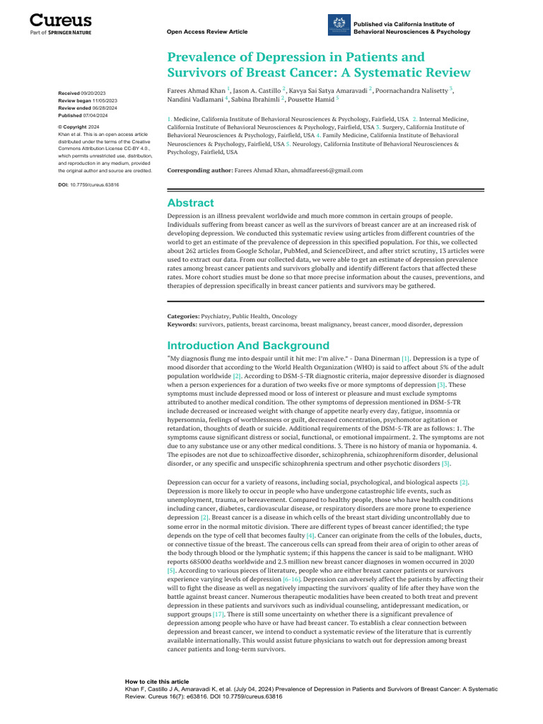 Prevalence of Depression in Patients and Survivors of Breast Cancer ...