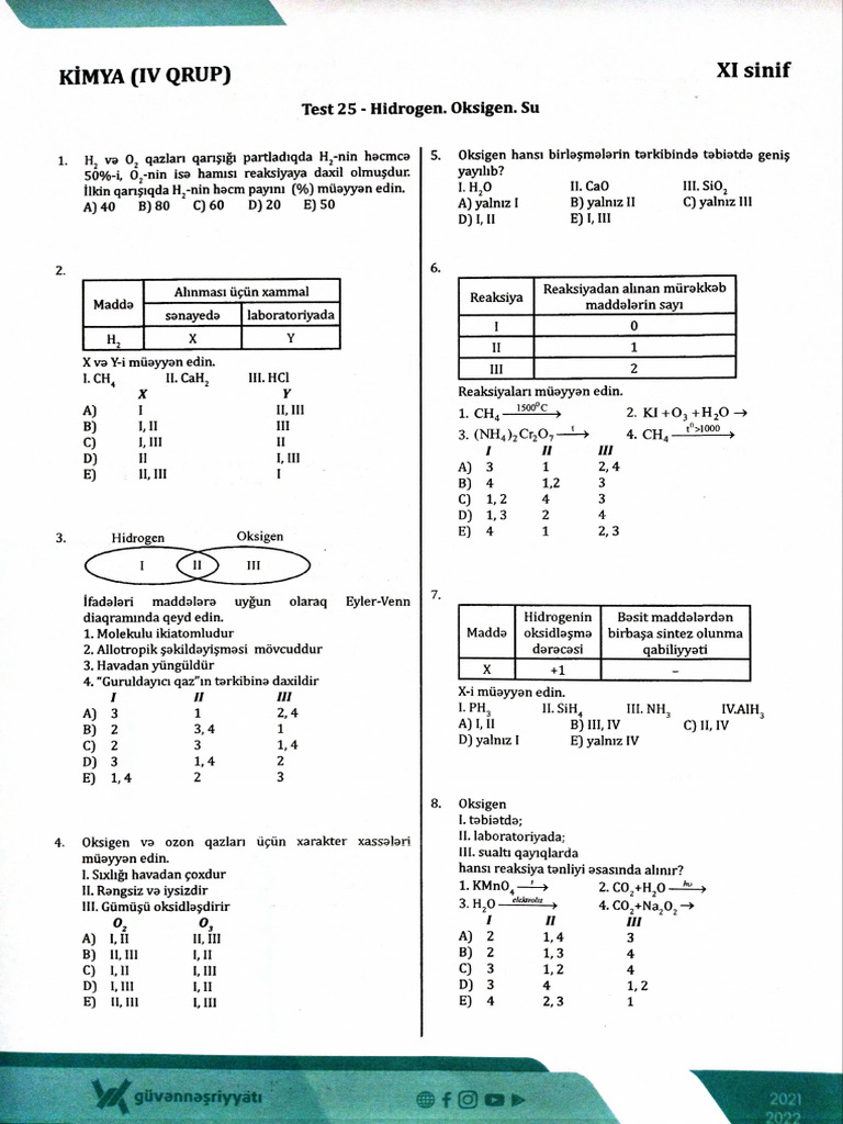 4-Cü Qrup. Quiz 25. Hidrogen. Oksigen. Su. | PDF