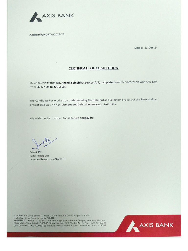 Axis Bank Intership Certificate | PDF