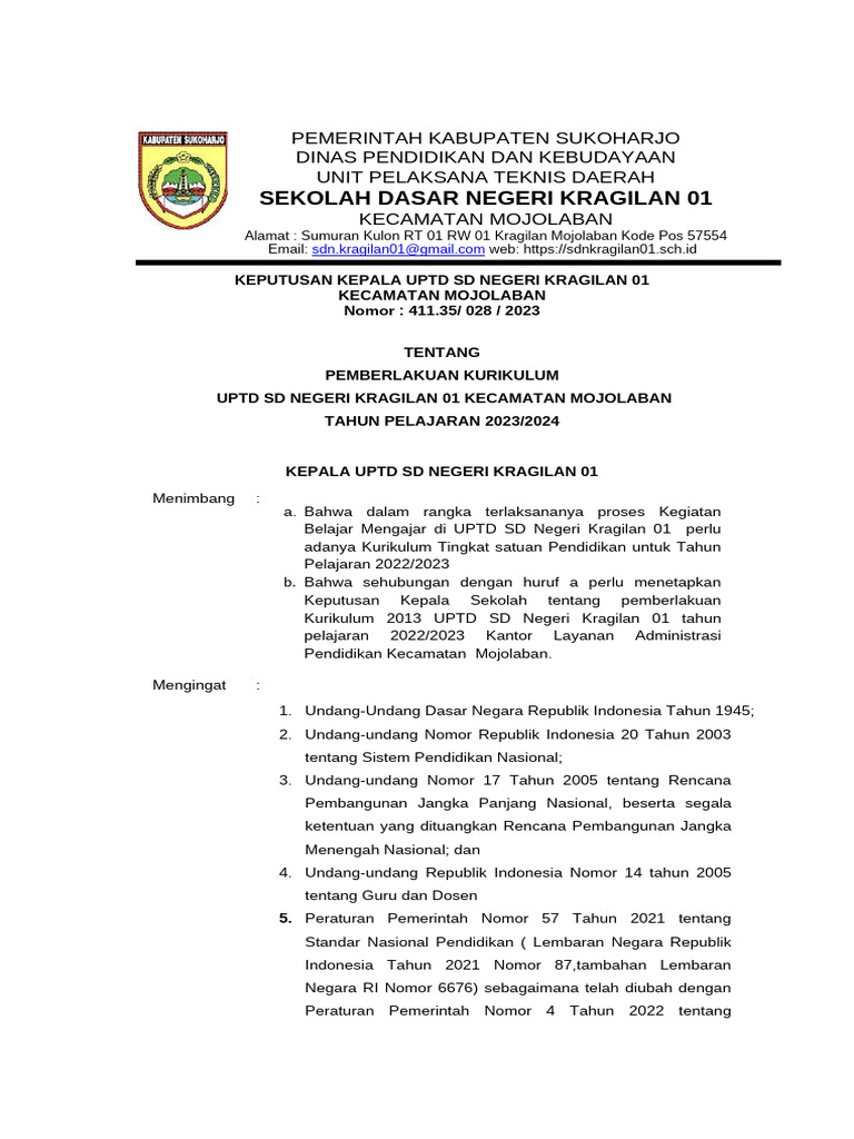 SK Tim Pemberlakuan Kurikulum 2023 2024 | PDF