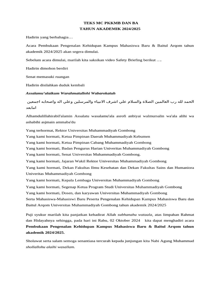 Teks MC Pembukaan PKKMB 2024 | PDF