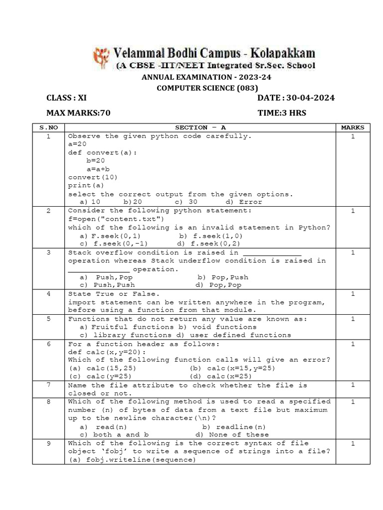 Cs Qp Class Xi Annual Exam April 30th Pdf Parameter Computer Programming Text File
