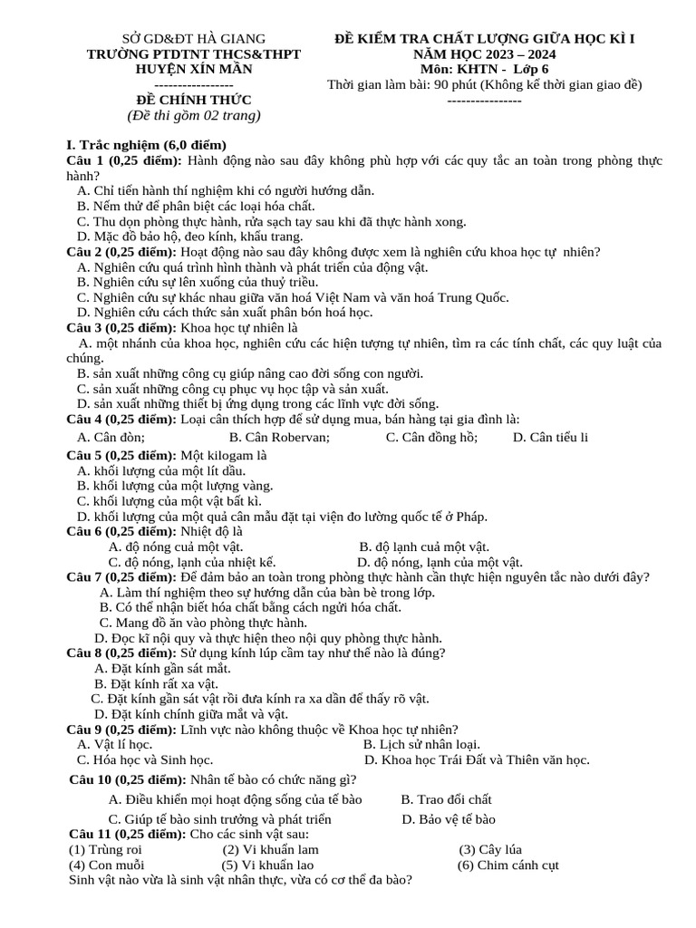 Đề Kt Giữa Kì i Môn Khtn 6 23-24 | PDF