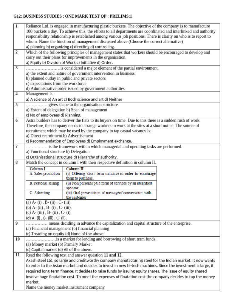 G12 BS 1 Mark Test Prelims | PDF | Marketing | Cost Of Capital