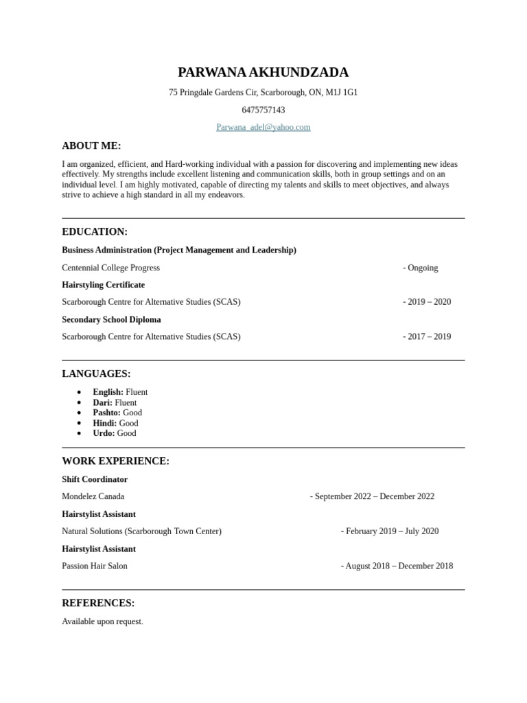 Resume Parwana Akhundzada | PDF