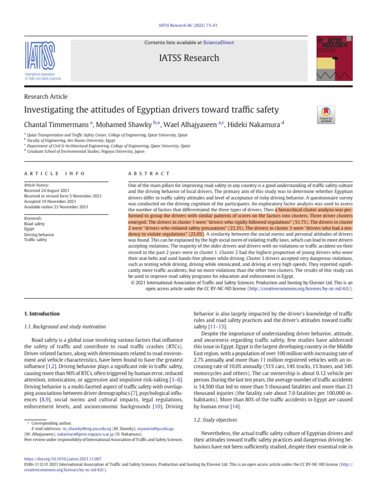 18-Investigating The Attitudes of Egyptian Drivers Toward Traffic Safety | PDF | Structural ...