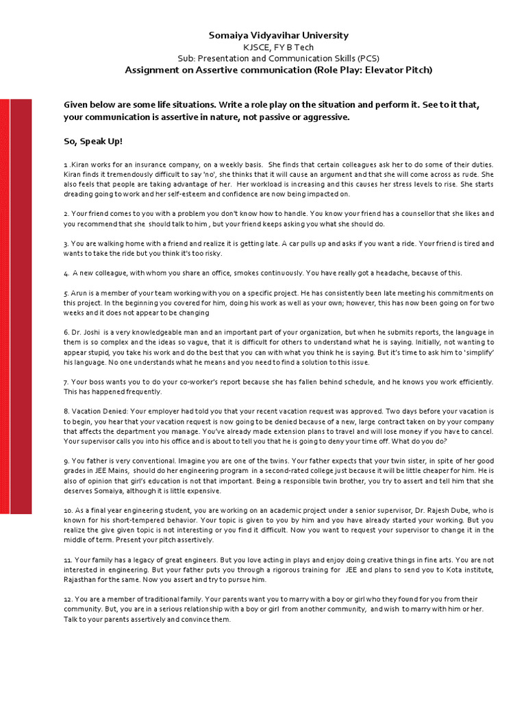 Assertive Communication Role Play Guide | PDF | Social Psychology ...