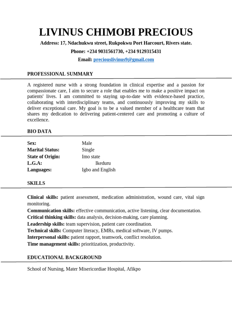 Livinus Chimobi Precious CV | PDF | Nursing | Patient