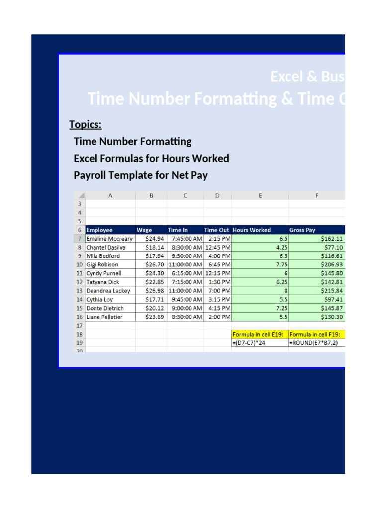 ExcelBusinessMathVideo29TimeNumberFormat (1) | PDF | Payroll | Employee Relations