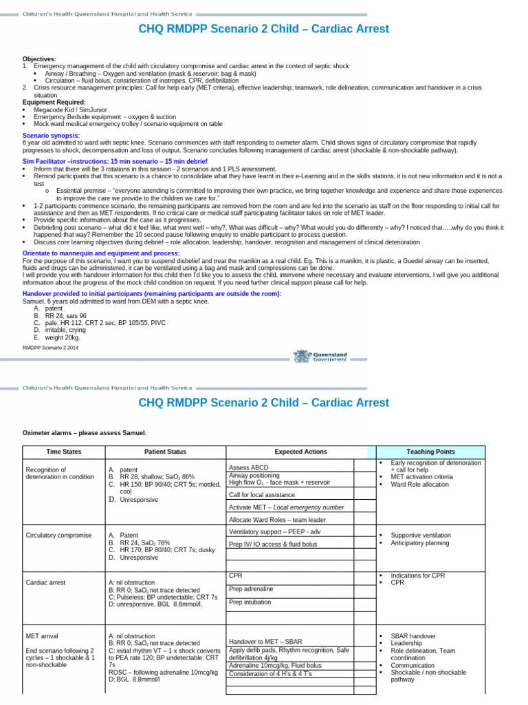 CHQ RMDPP Scenario 2 Child Cardiac Arrest 2014 | PDF | Cardiac Arrest ...