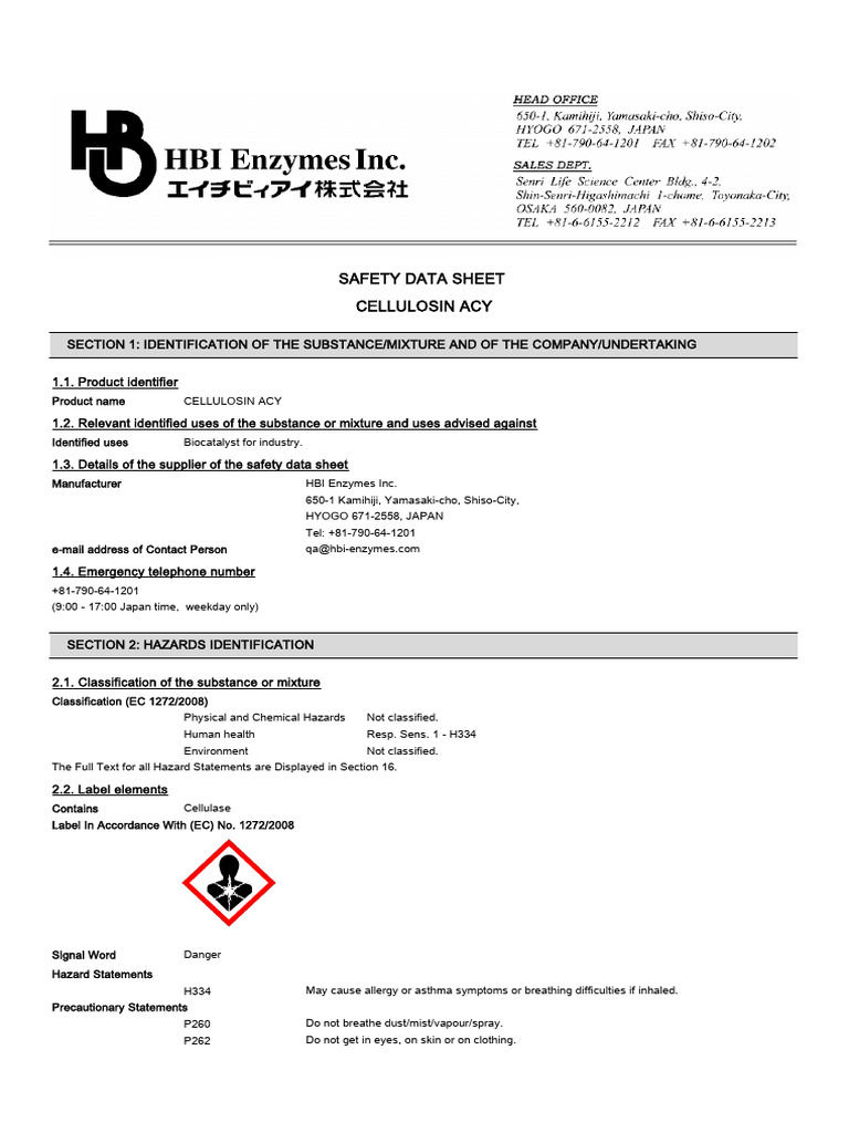 Po 0308 Sds CLP I108 Cellulosin Acy 3.14a 200401 | PDF | Toxicity ...