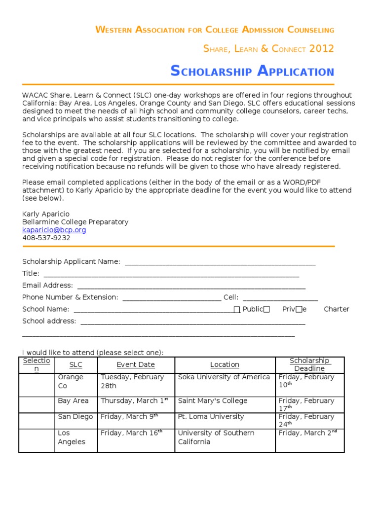 SLC Scholarship Application 2012 | PDF | School Counselor | Schools