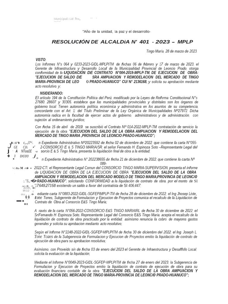 Resolucion de Alcaldia #401-2023-MPLP | PDF | Gobierno | Fuentes del ...