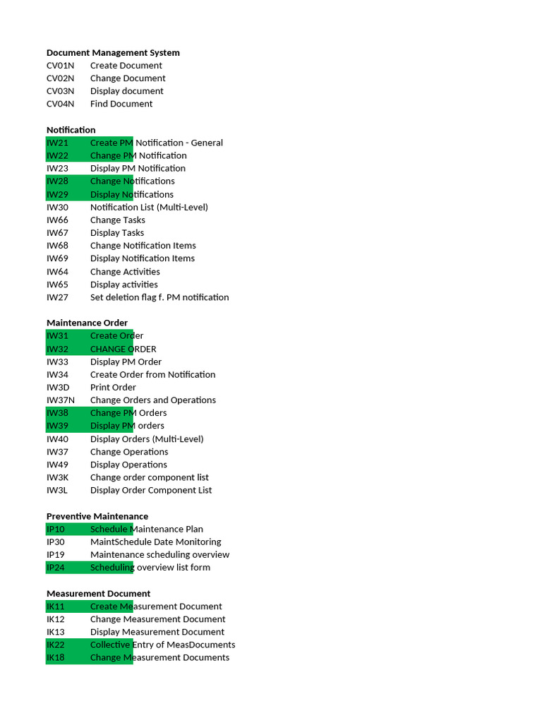 SAP PM List Tcode | PDF