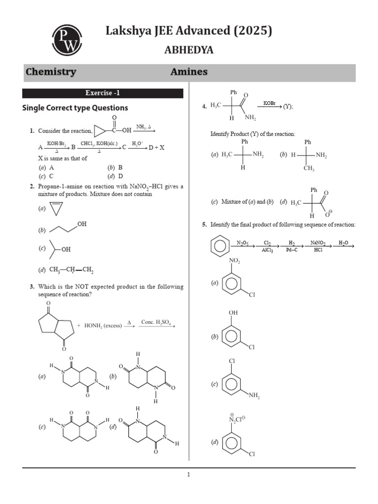 Amines - JEE Advanced Practice Sheet - Lakshya JEE 2025 | PDF | Amine ...