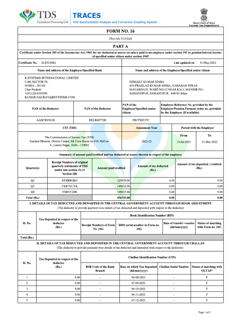 Form 16 Nishant 2021-22 | PDF