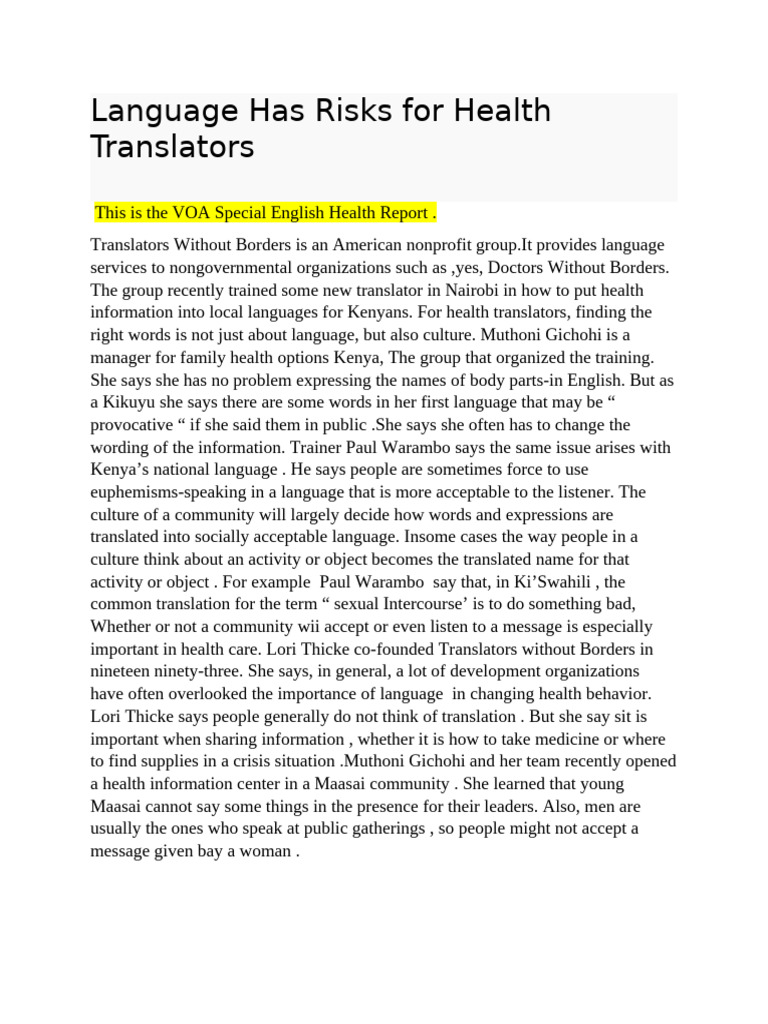 THI CUOOIS KHOAS THAY DAN Language Has Risks for Health Translators | PDF