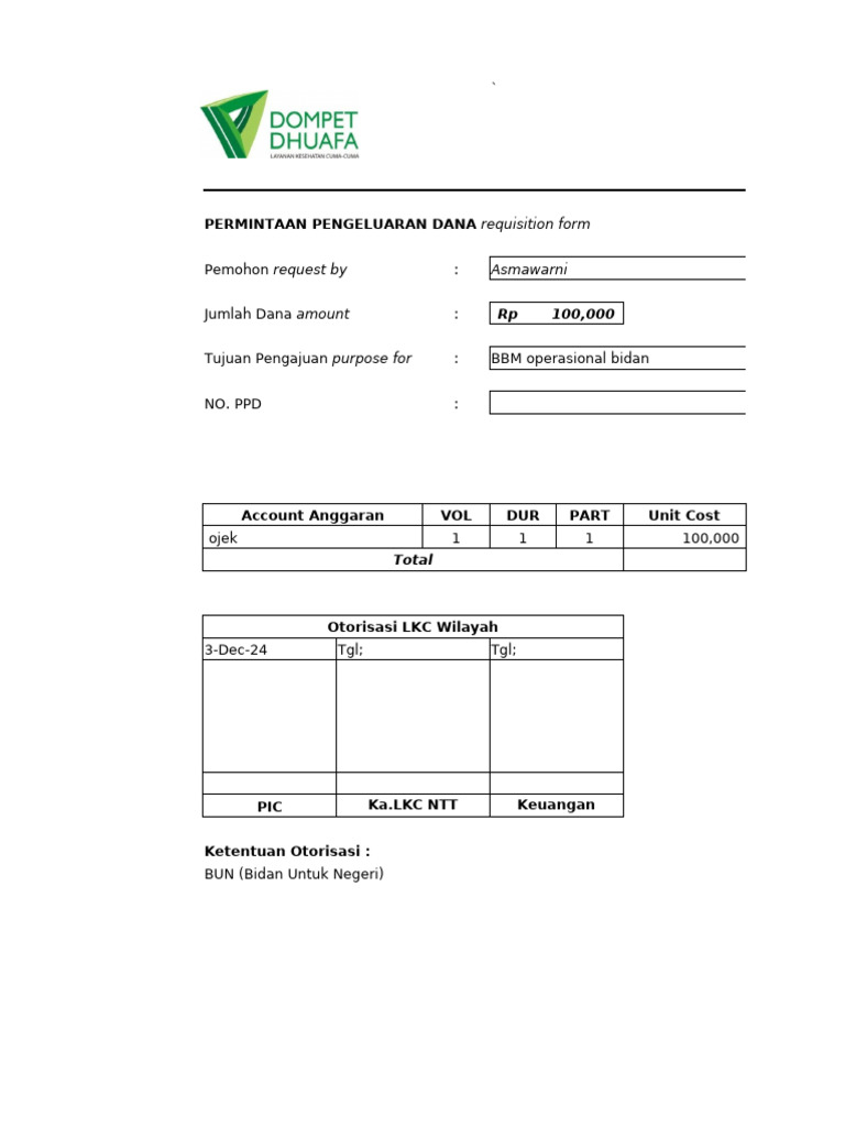 Permintaan Pengeluaran Dana: Requisition Form Request by Amount Purpose ...