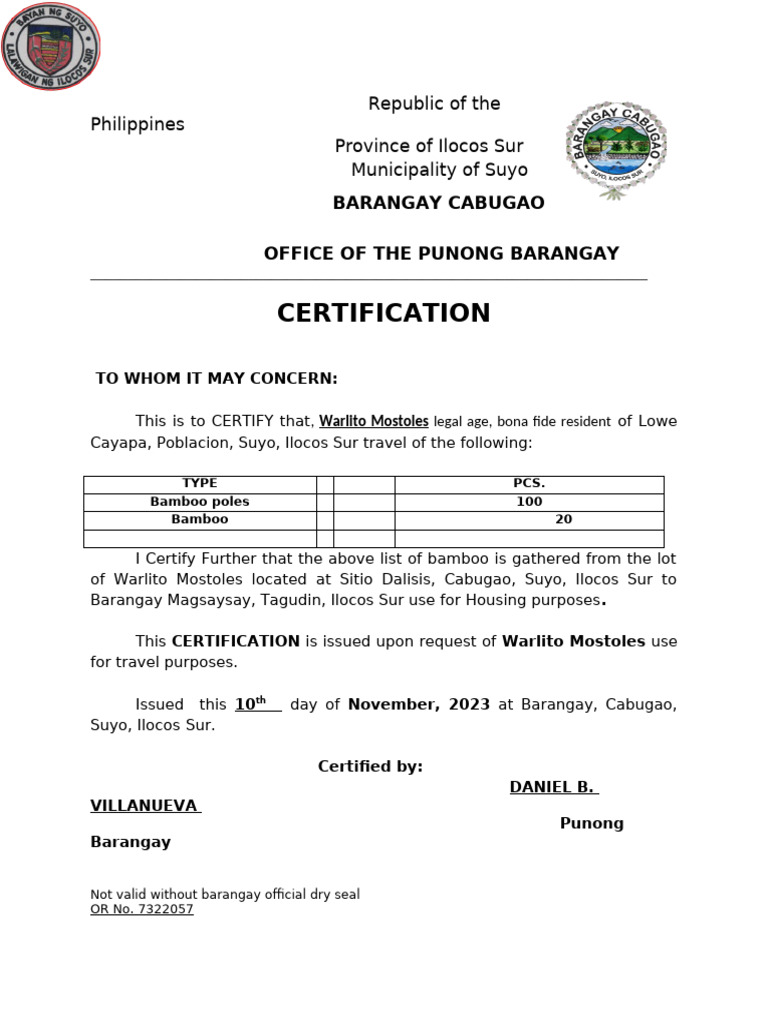 Barangay Certification for Bamboo Travel | PDF