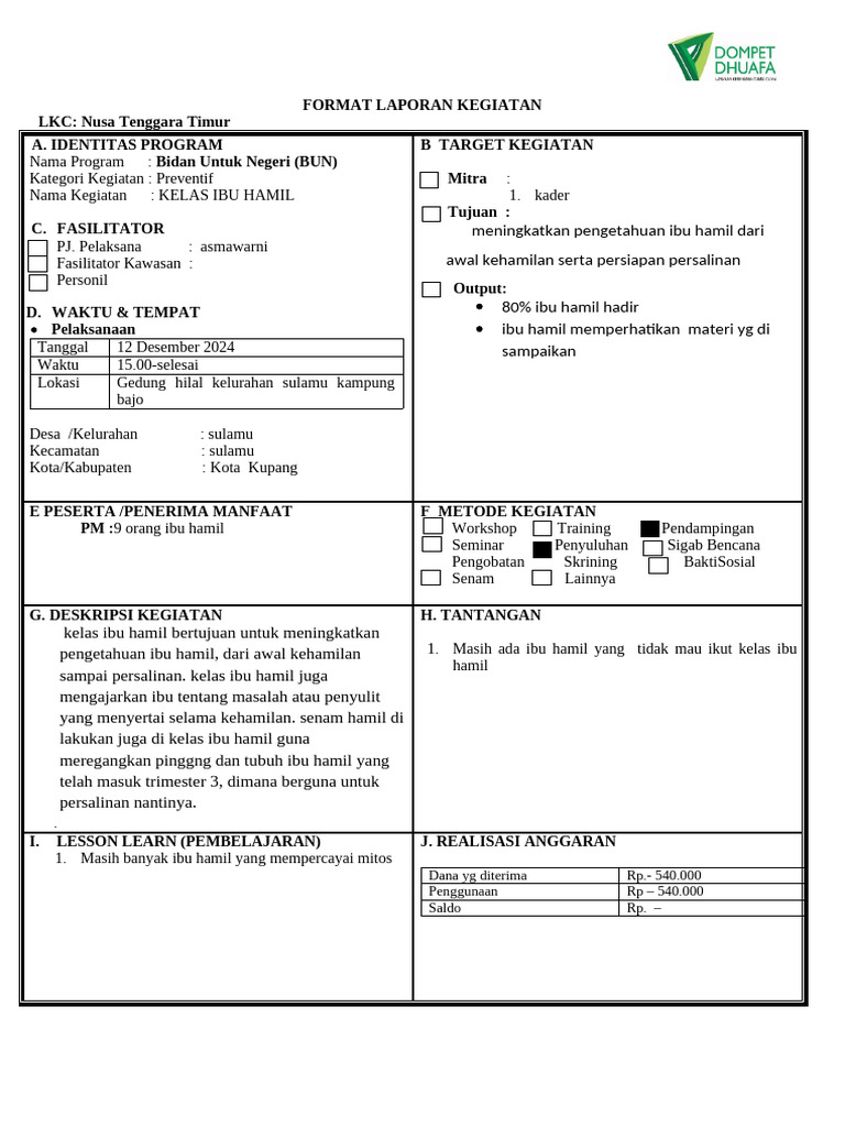 Format Laporan Kegiatan Kelas Ibu Hamil | PDF
