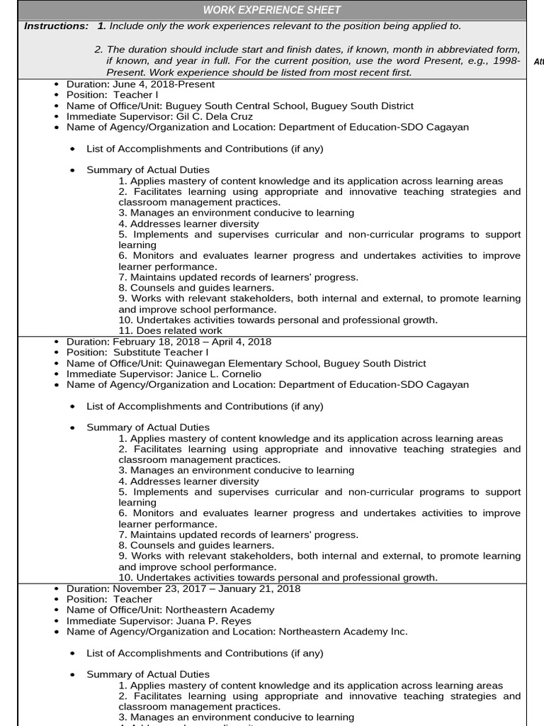 CS Form No. 212 Attachment - Work Experience Sheet-SAMPLE ONLY | PDF ...