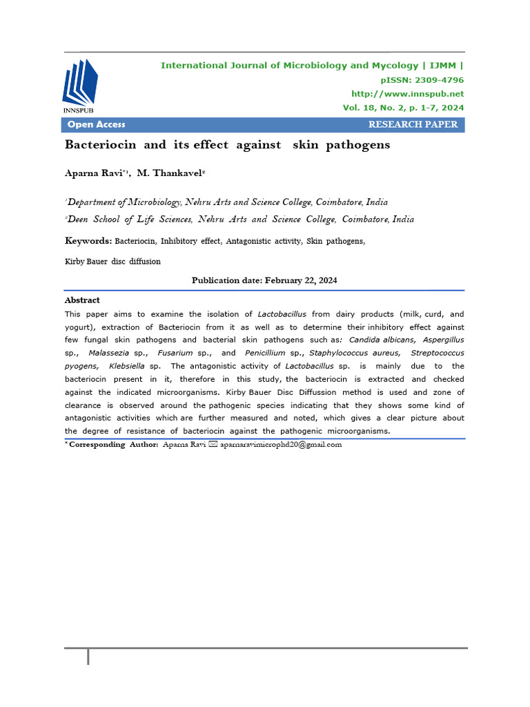 Bacteriocin and Its Effect Against Skin Pathogens | PDF | Lactobacillus ...