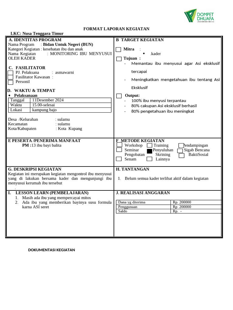 FORMAT LAPORAN KEGIATAN Monitoring | PDF