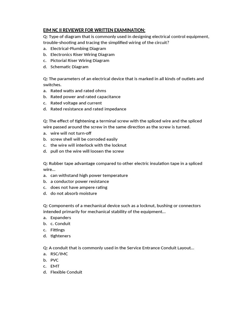 EIM NC II Written Exam Reviewer | PDF | Electrical Wiring | Insulator ...