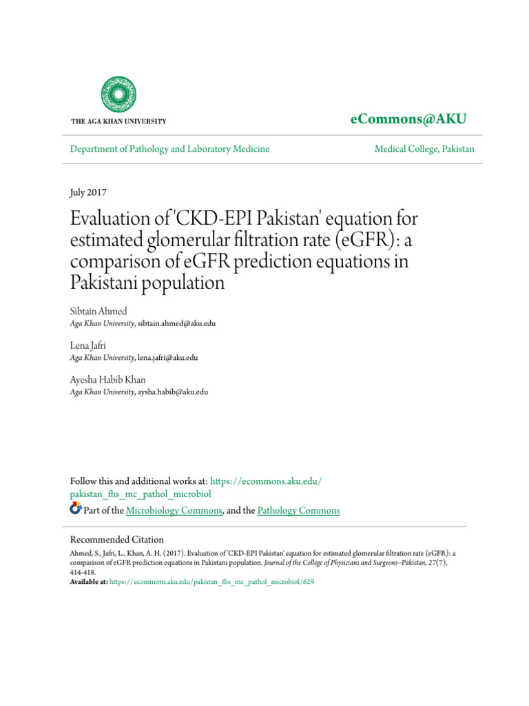Evaluation of CKD-EPI Pakistan Equation For Estimated Glomerula | PDF ...