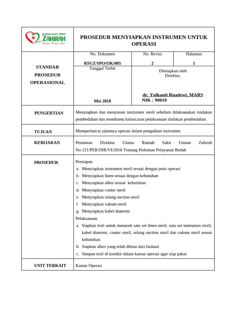 Sop Prosedur Menyiapkan Instrumen Untuk Operasi | PDF