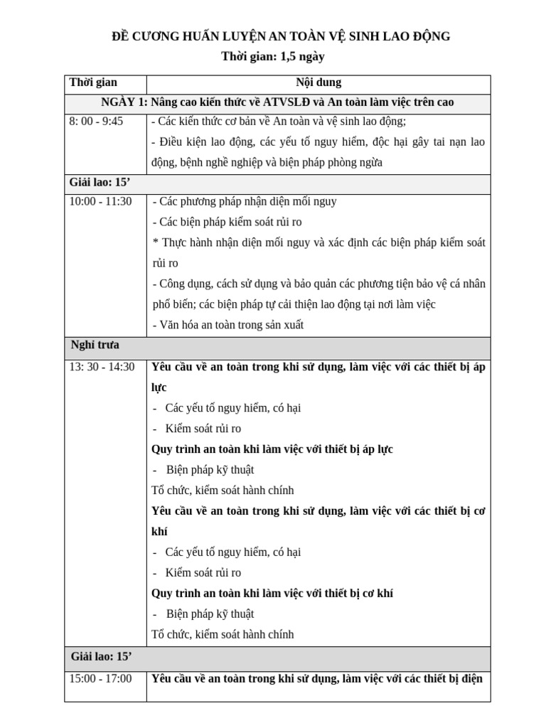 ĐỀ CƯƠNG HUẤN LUYỆN AN TOÀN VỆ SINH LAO ĐỘNG 1,5 NGÀY | PDF