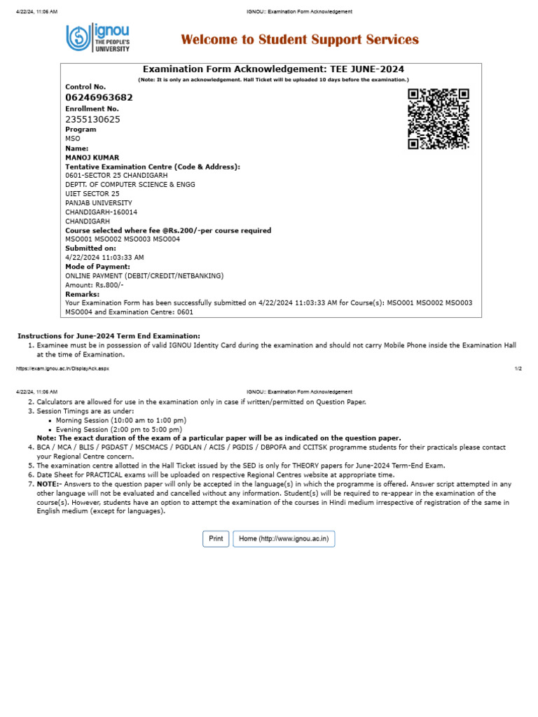 IGNOU June 2024 Exam Form Acknowledgement | PDF