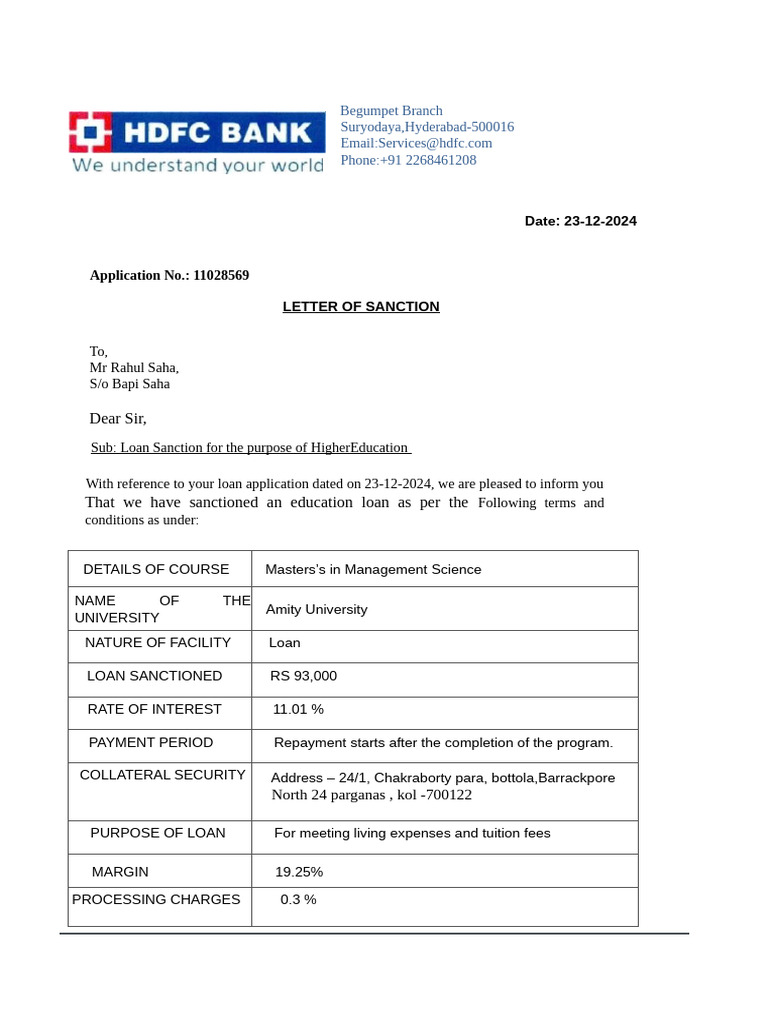 HDFC Loan Sanction Letter | PDF | Loans | Interest