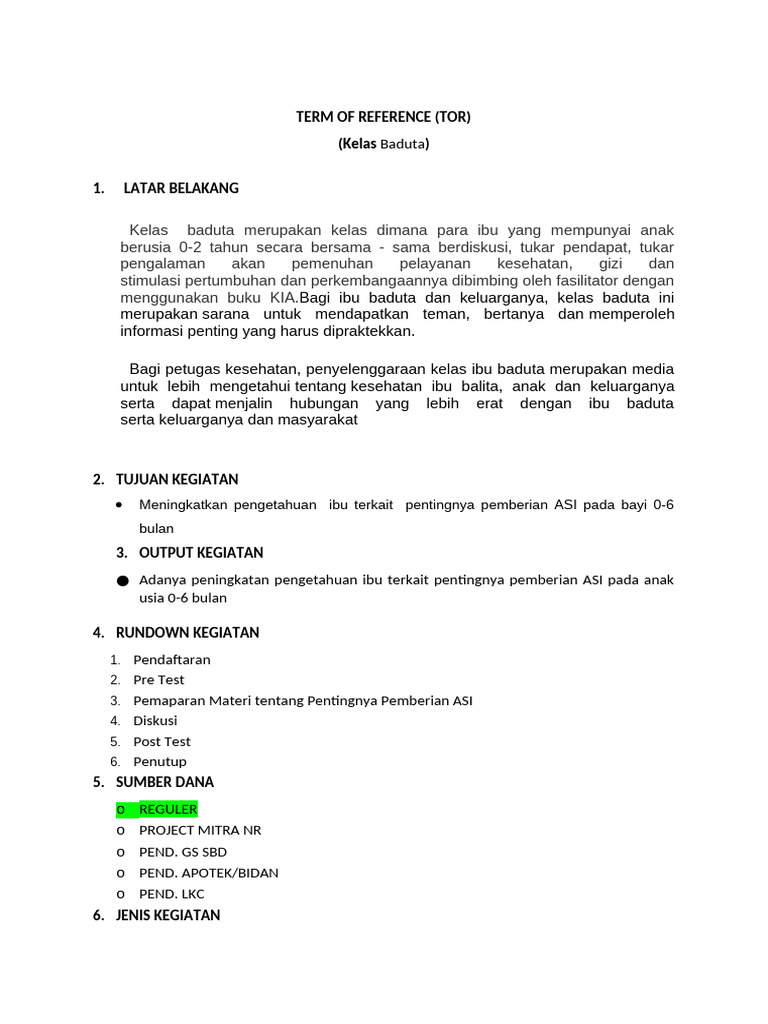 TERM OF REFERENCE Kelas BAduta Pos Sehat Kupang Agustus 2024 | PDF