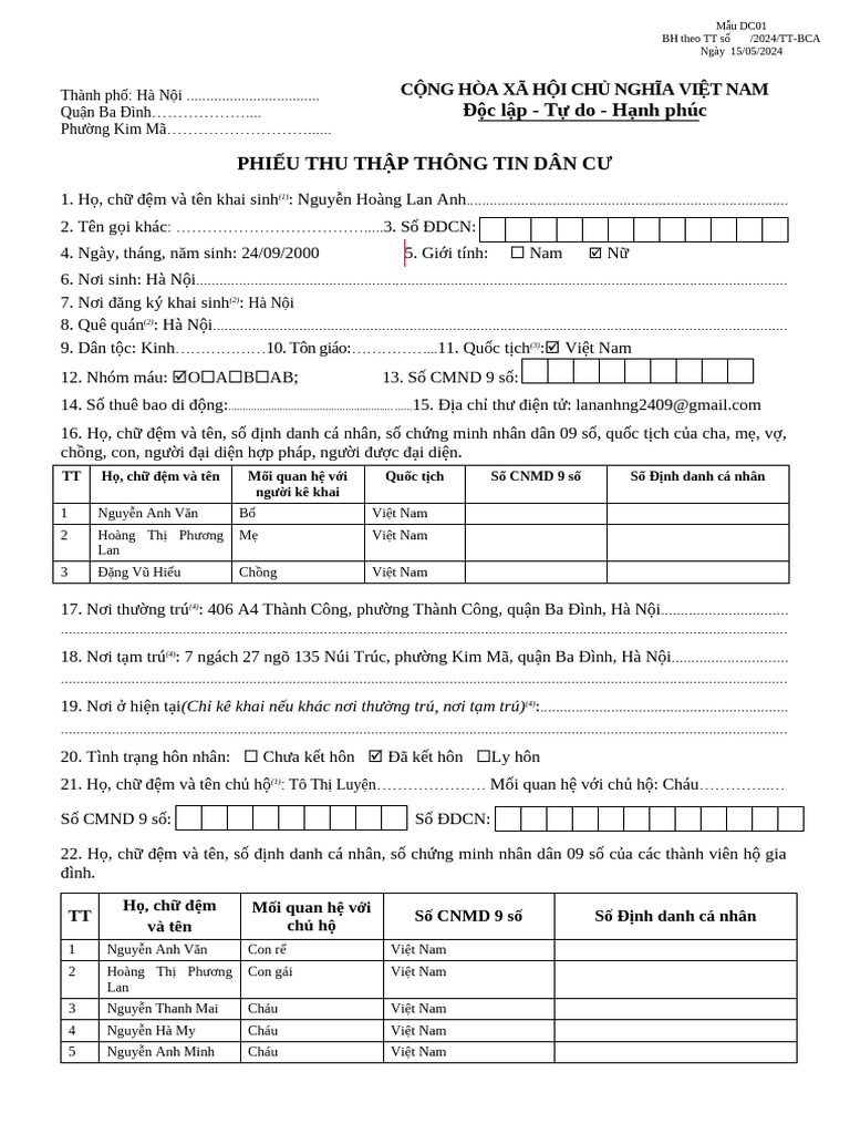 Mẫu DC01 Phiếu thu thập thông tin dân cư | PDF