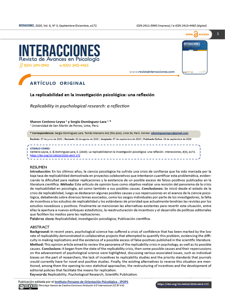 Centeno y Dominguez, (2020) - La Replicabilidad en La Investigación ...