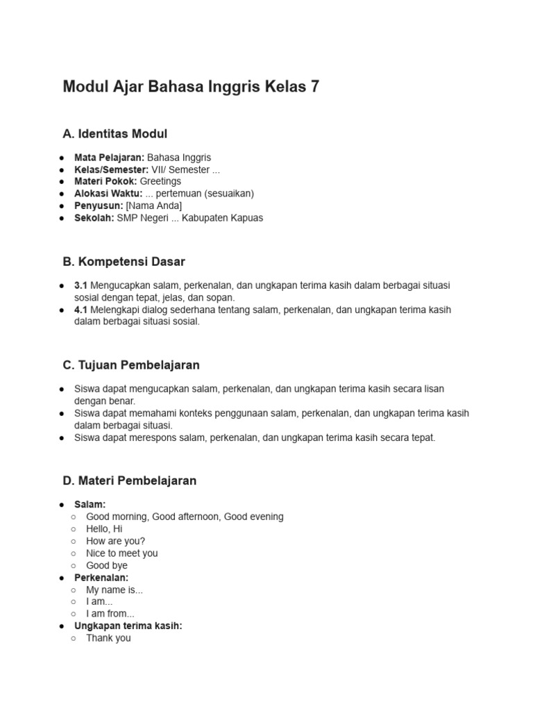 Modul Ajar Greetings Kelas 7 | PDF