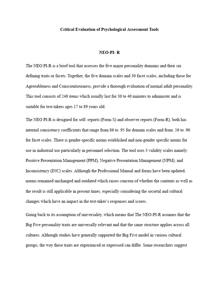 Evaluation of NEO-PI-R Personality Tool | PDF | Psychology ...