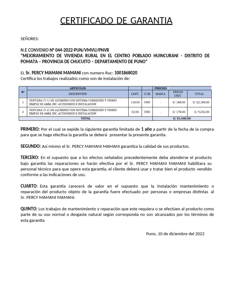 Certificado de Garantia | PDF