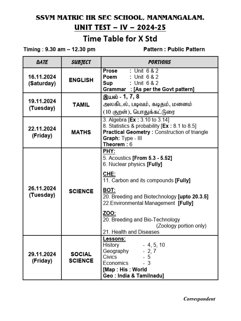SSVM X Std Unit Test IV Timetable 2024 | PDF