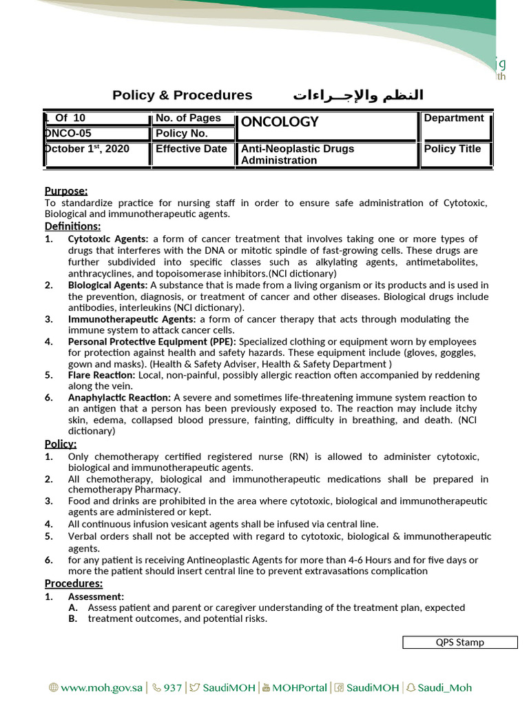ONCO-05 Anti-Neoplastic Drugs Administration | PDF | Intravenous ...