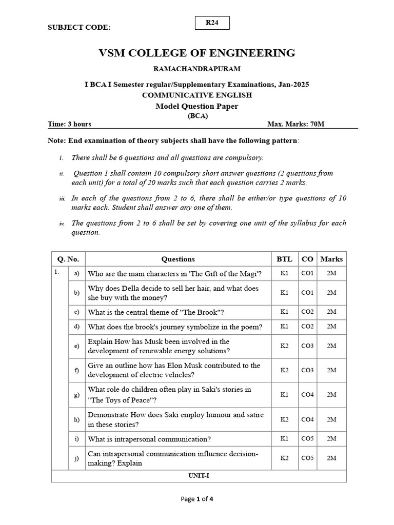 Bca r24 Communicative English Model Paper | PDF | Linguistics | Grammar