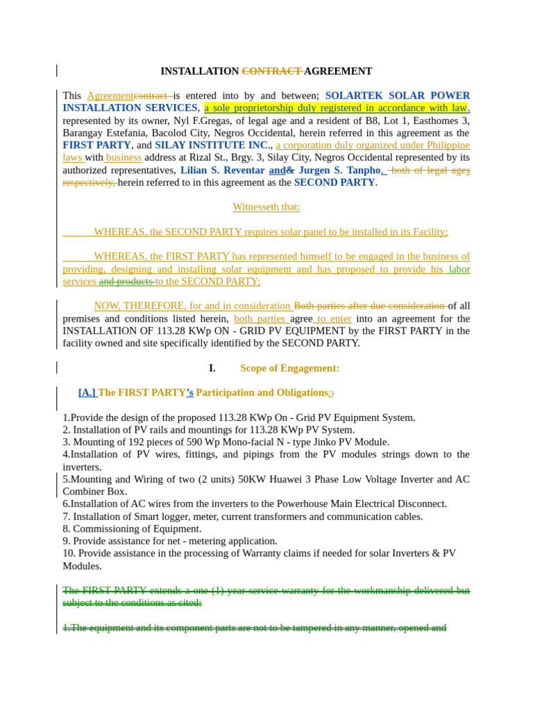 Installation Contract Agreement Solar Panel Si Revised | PDF | Legal ...