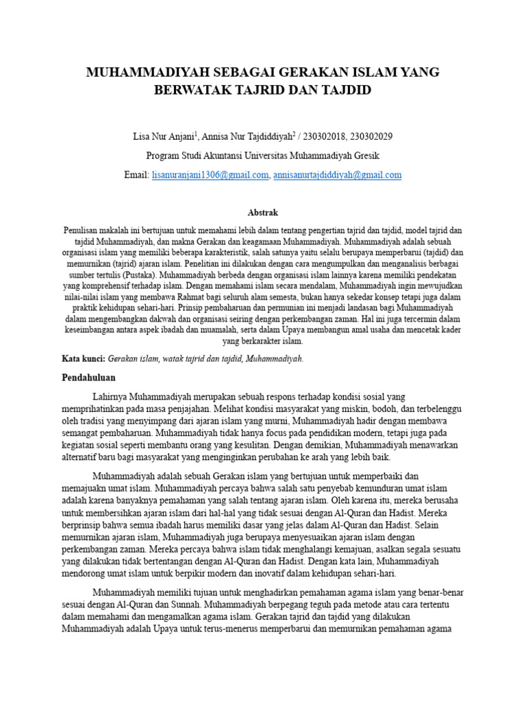 Muhammadiyah Sebagai Gerakan Islam Yang Berwatak Tajrid Dan Tajdid | PDF